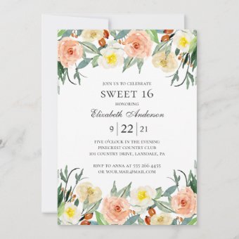 Garden floral Sweet 16. Blush flower 16th birthday Invitation | Zazzle