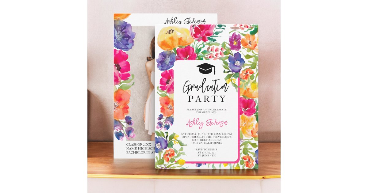Garden floral watercolor photo graduation invitation | Zazzle
