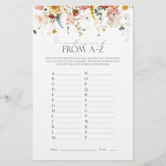 Garden Flowers Watercolor Bridal Shower Game | Zazzle
