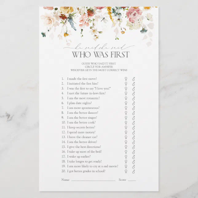 Garden Flowers Watercolor Bridal Shower Game | Zazzle