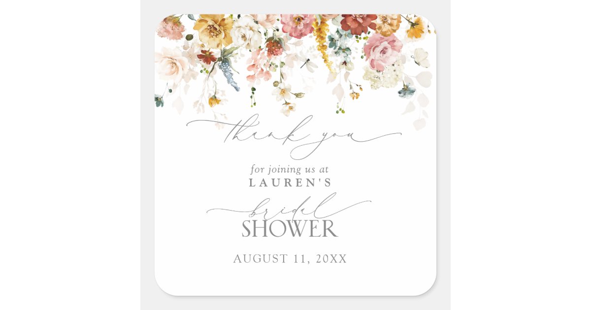 Garden Flowers Watercolor Bridal Shower Thank You Square Sticker | Zazzle