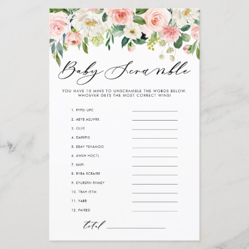 Garden Flowers Word Scramble Baby Shower Game | Zazzle