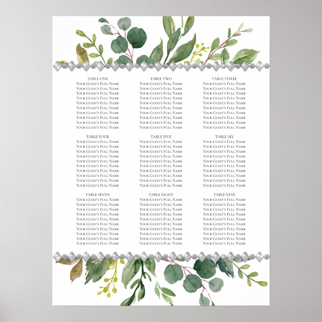Garden Greenery Boho Eucalyptus Mint Seating Chart | Zazzle