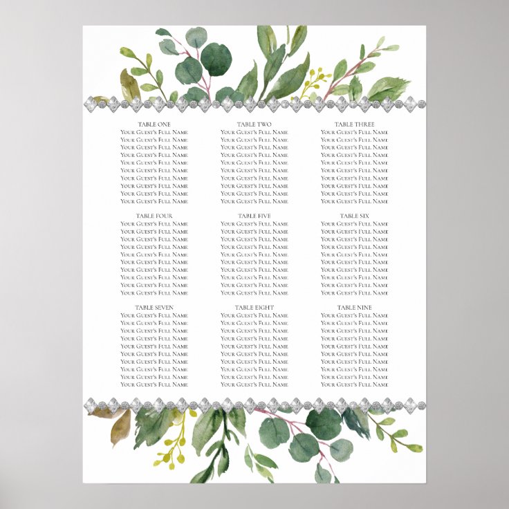 Garden Greenery Boho Eucalyptus Mint Seating Chart | Zazzle