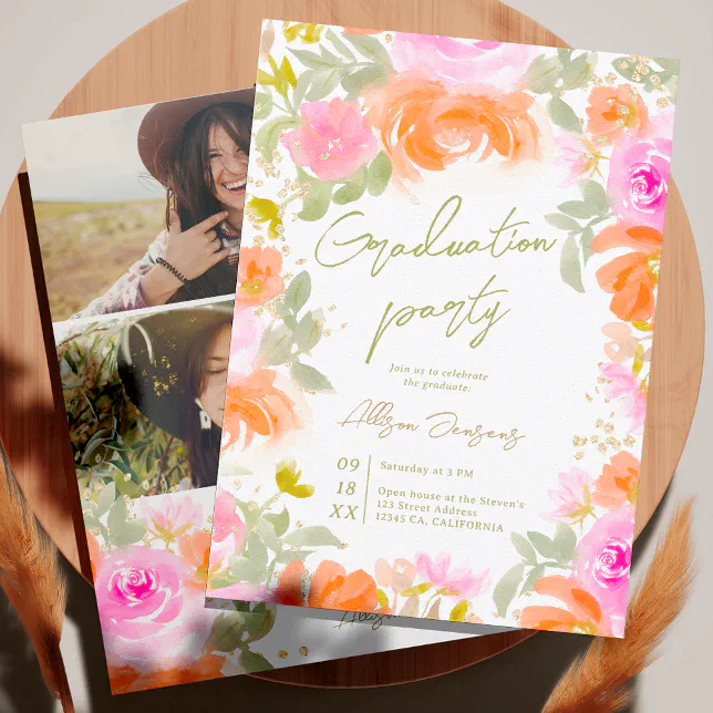 Garden orange wild flowers photo graduation invitation | Zazzle