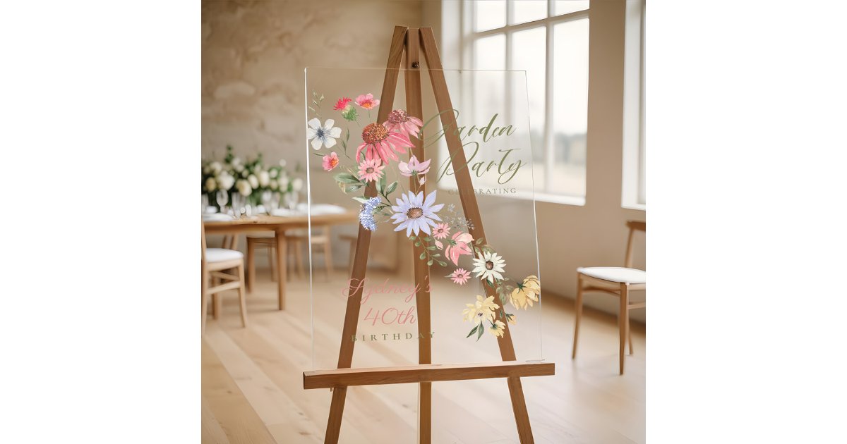 Garden Party Watercolor Wildflower Floral Birthday Acrylic Sign | Zazzle