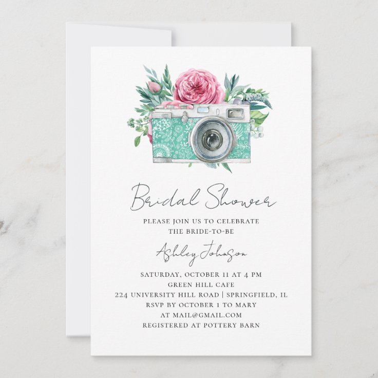 Garden peonies bridal shower. Boho floral camera Invitation | Zazzle