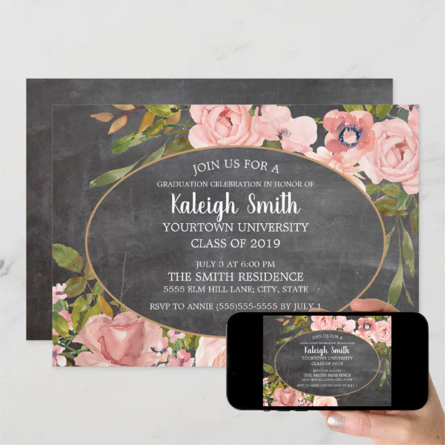 Garden Pink Floral Chalkboard Grad Party Invitation | Zazzle