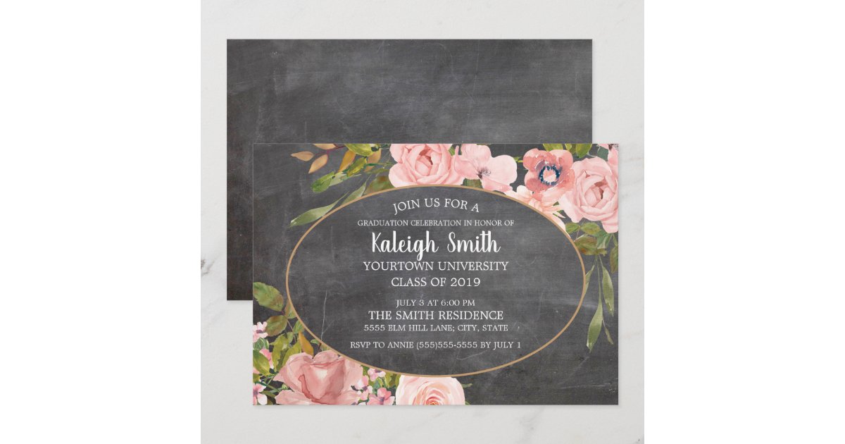 Garden Pink Floral Chalkboard Grad Party Invitation | Zazzle
