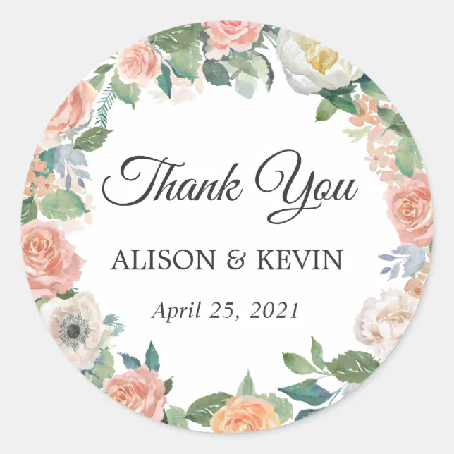 Garden Roses Floral Wreath Wedding Favor Thank You Classic Round ...