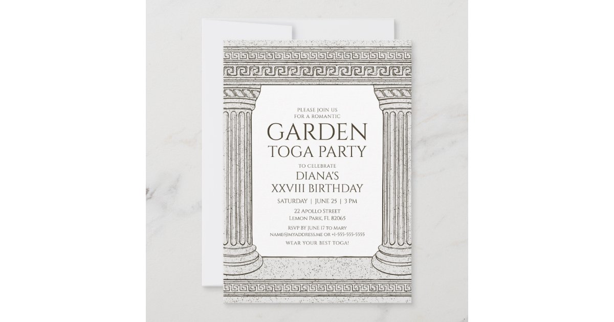 Garden Toga Birthday Party Invitation with columns | Zazzle