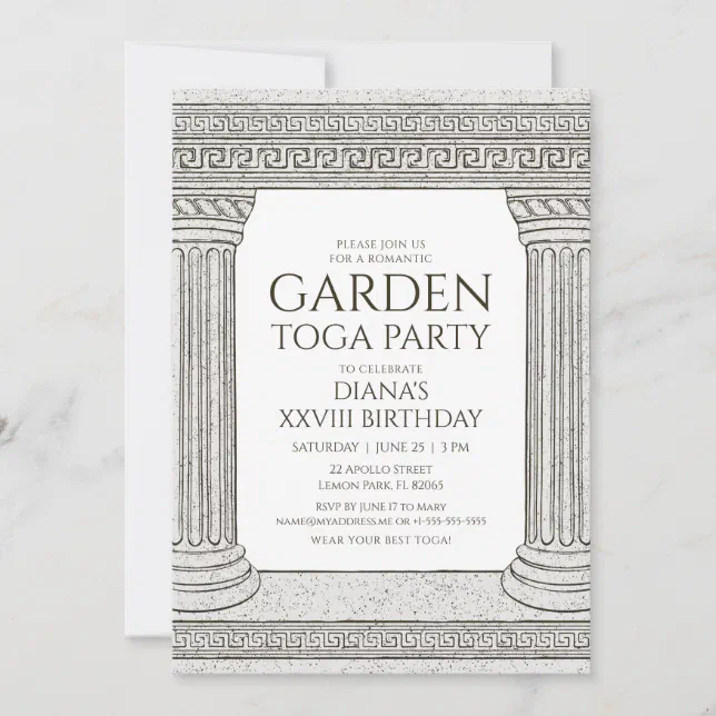 Garden Toga Birthday Party Invitation with columns | Zazzle