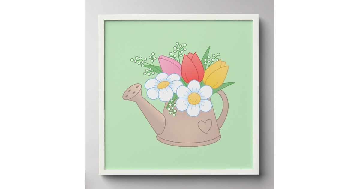 Garden Watering Can with Flowers on Green Photo Tiles | Zazzle