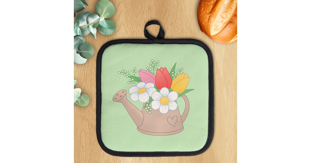 Garden Watering Can with Flowers on Green Pot Holder | Zazzle