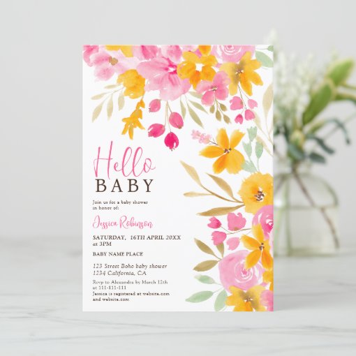 Garden yellow pink floral chic hello baby shower invitation | Zazzle
