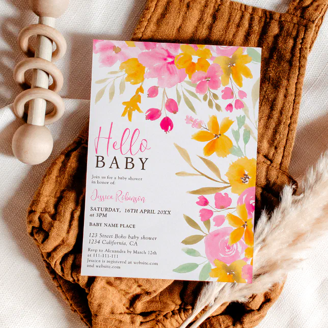 Garden yellow pink floral chic hello baby shower invitation | Zazzle