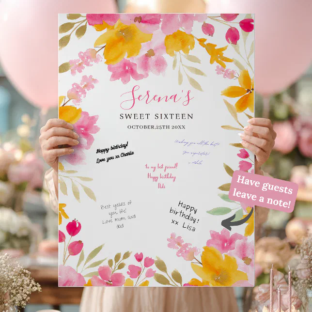 Garden yellow pink floral Sweet 16 Signing Board Poster | Zazzle