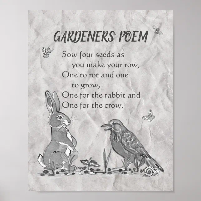 Gardeners' Poem Black & White Seeds, Rabbit, Crow Poster | Zazzle
