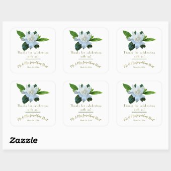 Gardenia Greenery Full Bloom Wedding Square Sticker | Zazzle