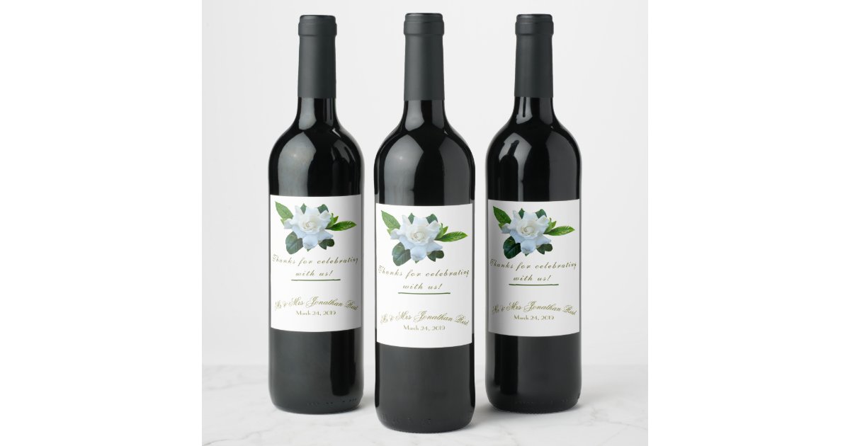 Gardenia Greenery Full Bloom Wedding Wine Label | Zazzle