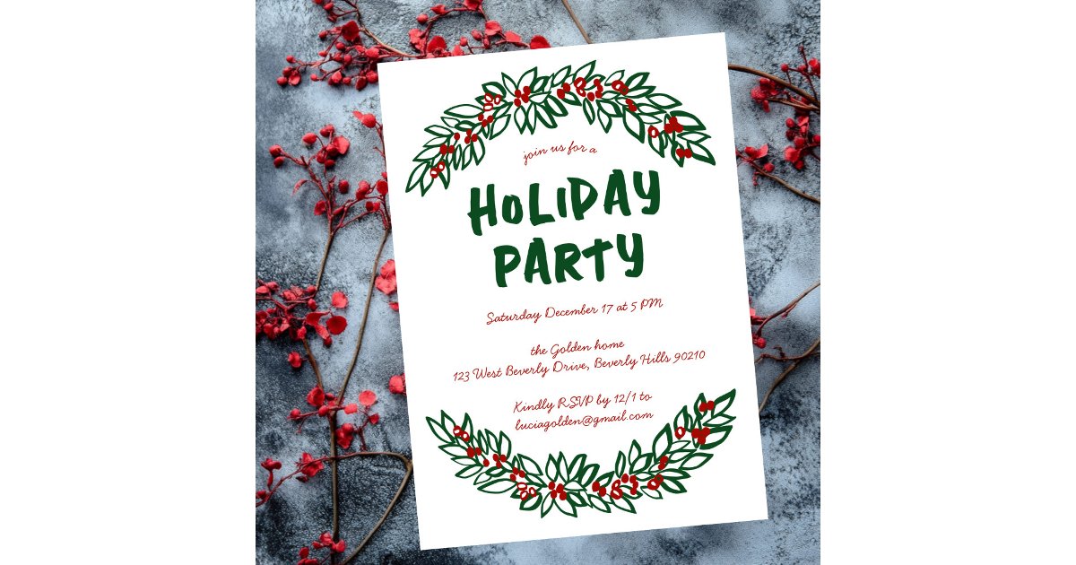 Garland Wreath Holiday Christmas Party CUSTOM Invitation | Zazzle