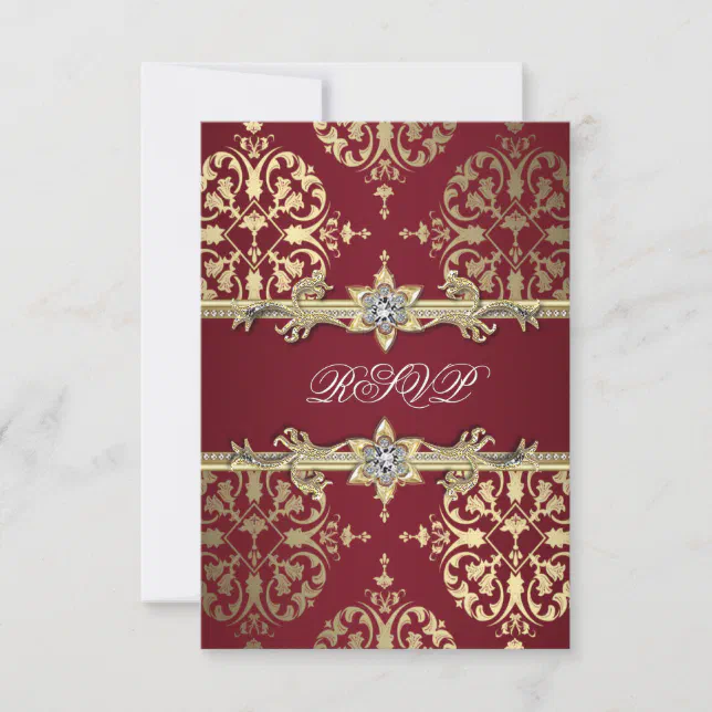 Garnet Ruby Red Gold Black Damask Party Invitation | Zazzle