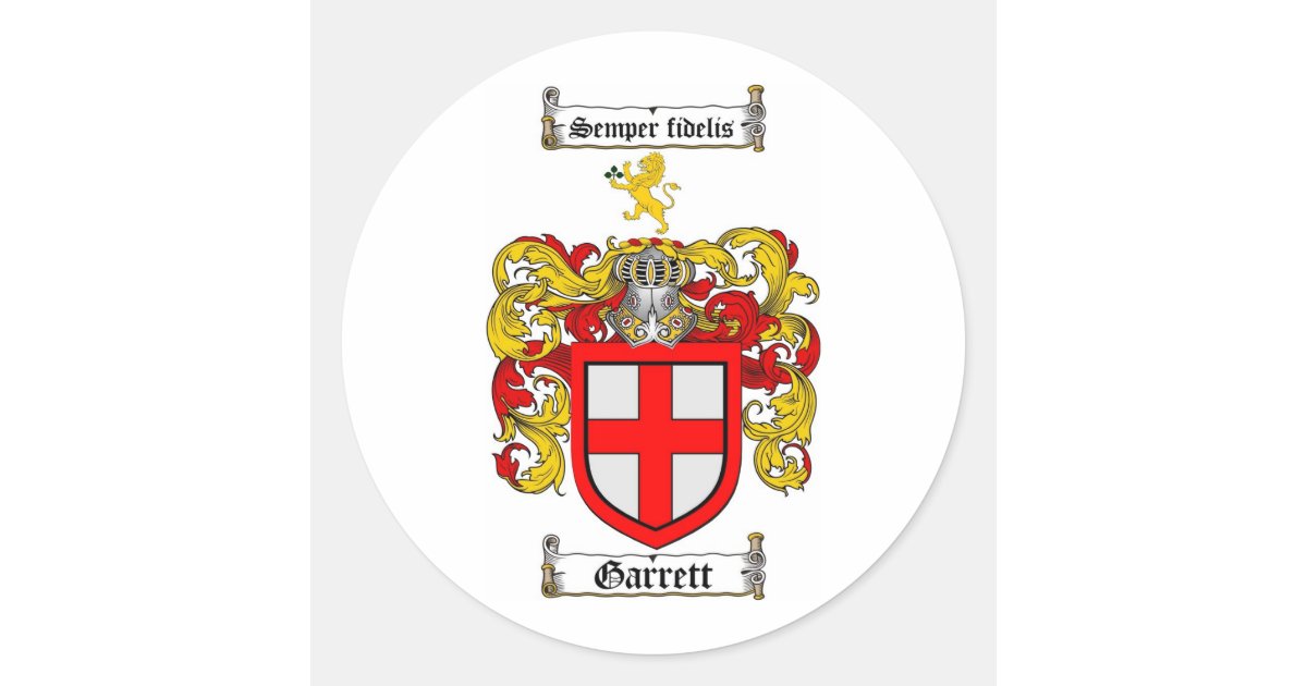 GARRETT FAMILY CREST - GARRETT COAT OF ARMS CLASSIC ROUND STICKER | Zazzle