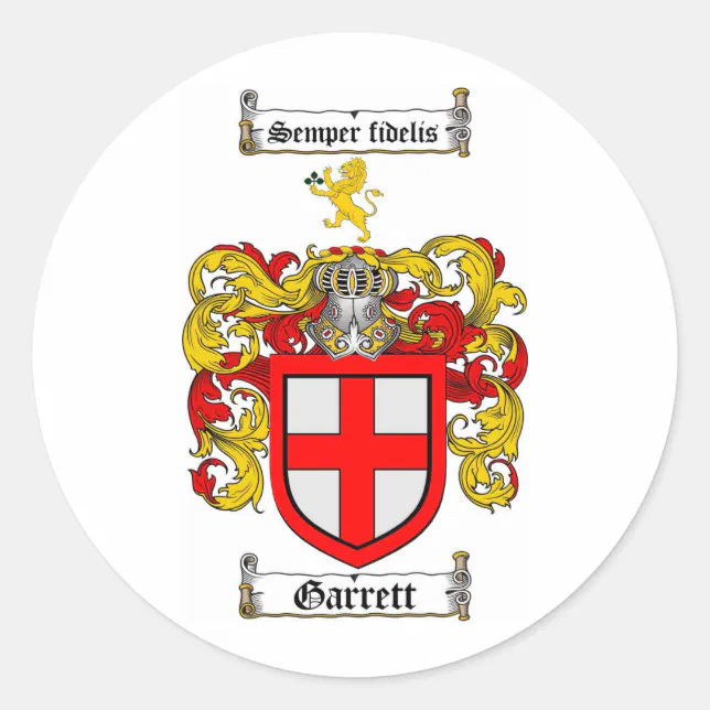 GARRETT FAMILY CREST - GARRETT COAT OF ARMS CLASSIC ROUND STICKER | Zazzle