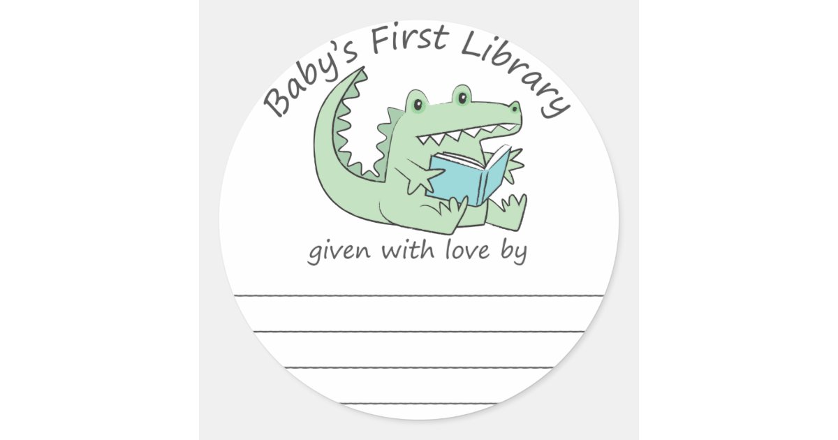 Gator reading baby's first library bookplate | Zazzle