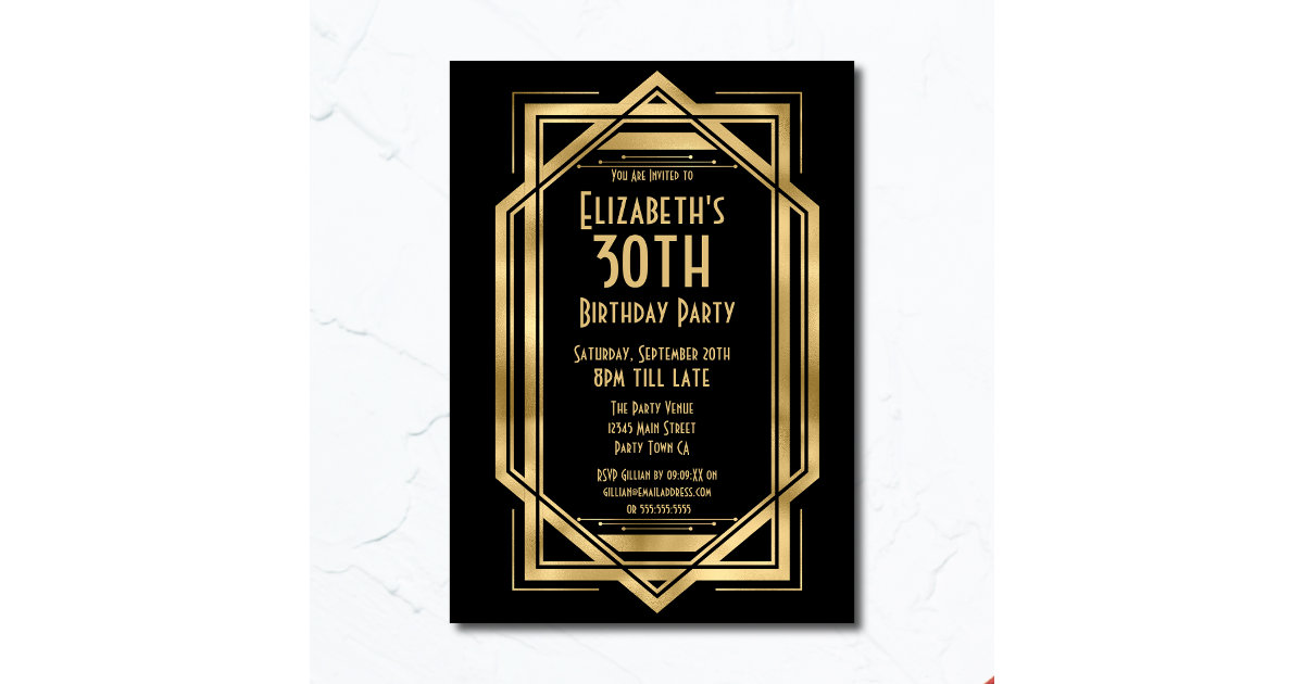 Gatsby 1920s Art Deco Black Gold 30th Birthday Invitation Zazzle