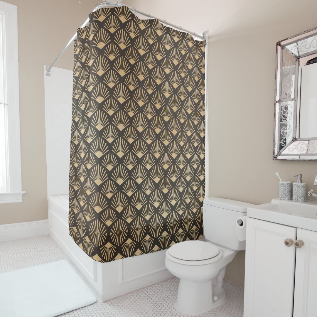 Gatsby Fan Geometric Pattern Gold And Black Shower Curtain | Zazzle