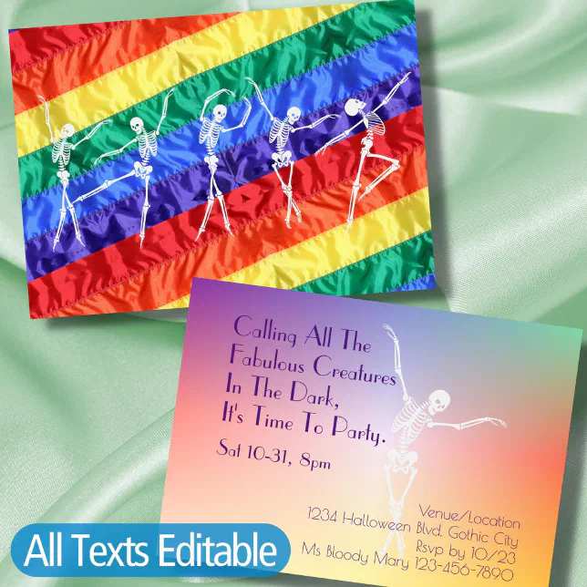 Gay Dance Party Dancing Skeleton Rainbow Flag LGBT Invitation | Zazzle