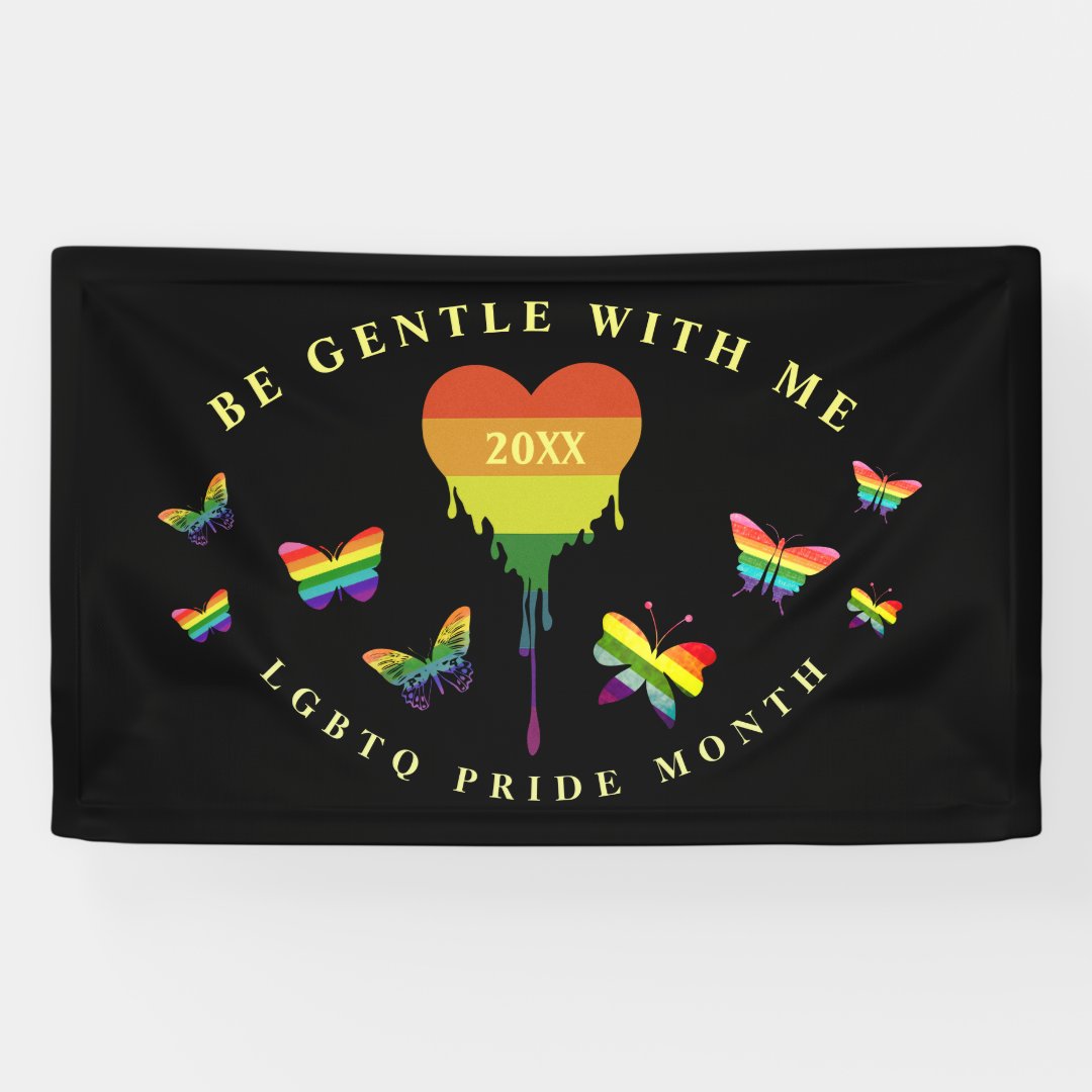 Gay LGBTQ Pride Month Rainbow Heart Butterflies Banner | Zazzle