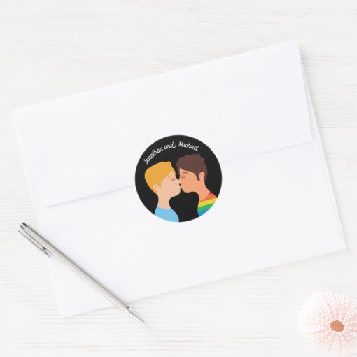 Gay Men Couple Kiss Custom LGBTQ Pride Monogram Classic Round Sticker ...