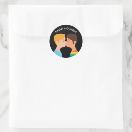 Gay Men Couple Kiss Custom LGBTQ Pride Monogram Classic Round Sticker ...