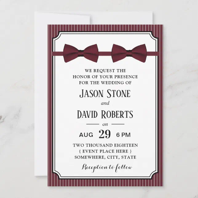 Gay Wedding Double Bow Ties Burgundy Red Invitation | Zazzle