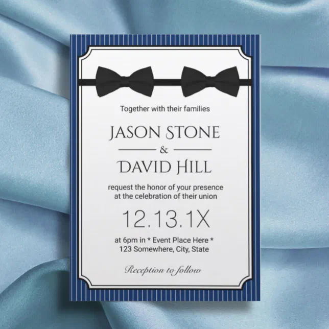 Gay Wedding Double Bow Ties Classy Navy Blue Invitation | Zazzle