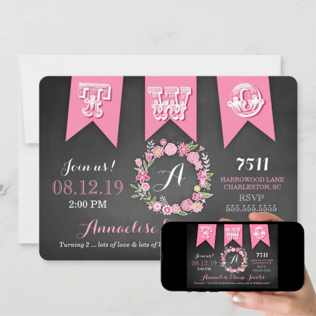GC Girl 2nd Birthday Banner Chalkboard Invitation | Zazzle