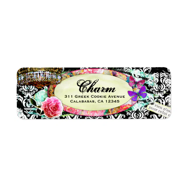 GC Shabby Vintage Charm Black Damask Label | Zazzle