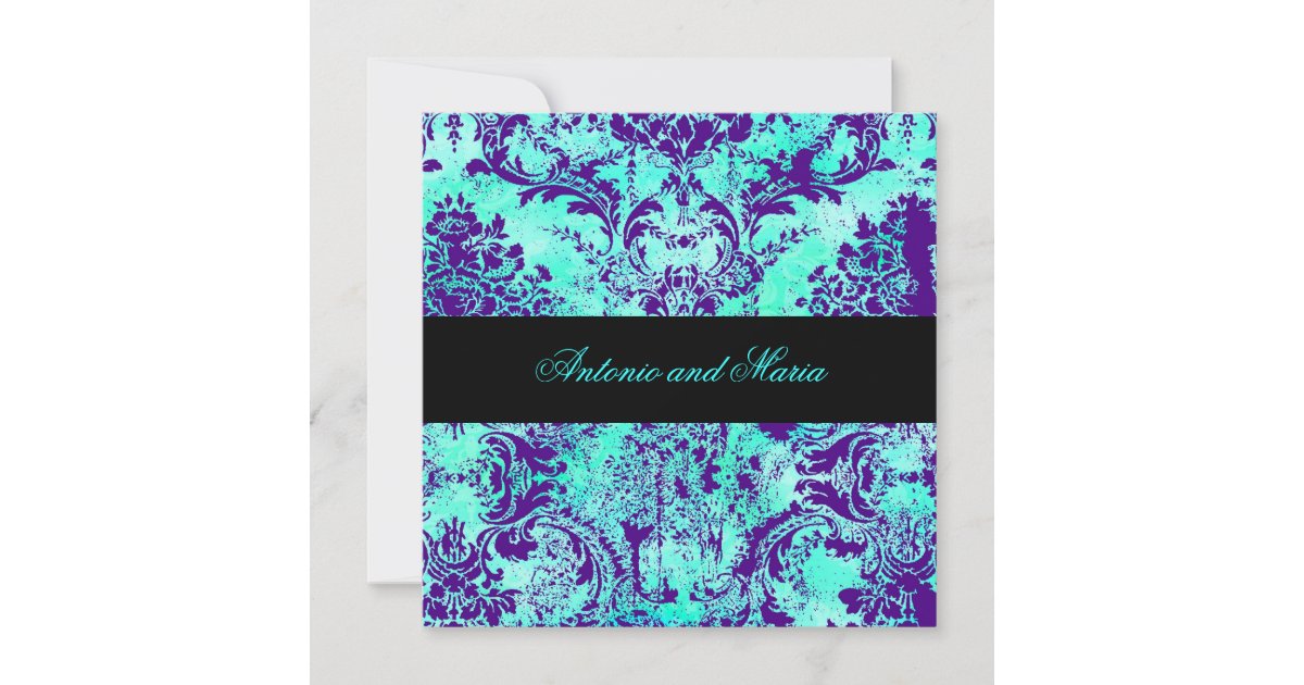 GC | Vintage Turquoise & Purple Damask Invitation | Zazzle