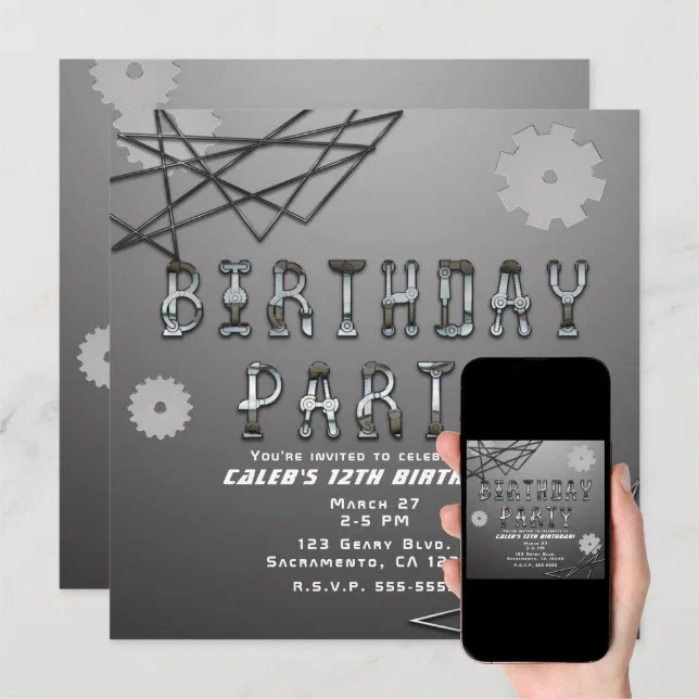 Gears Robot Futuristic Cool Fun Birthday Party Invitation | Zazzle