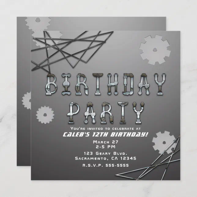 Gears Robot Futuristic Cool Fun Birthday Party Invitation | Zazzle