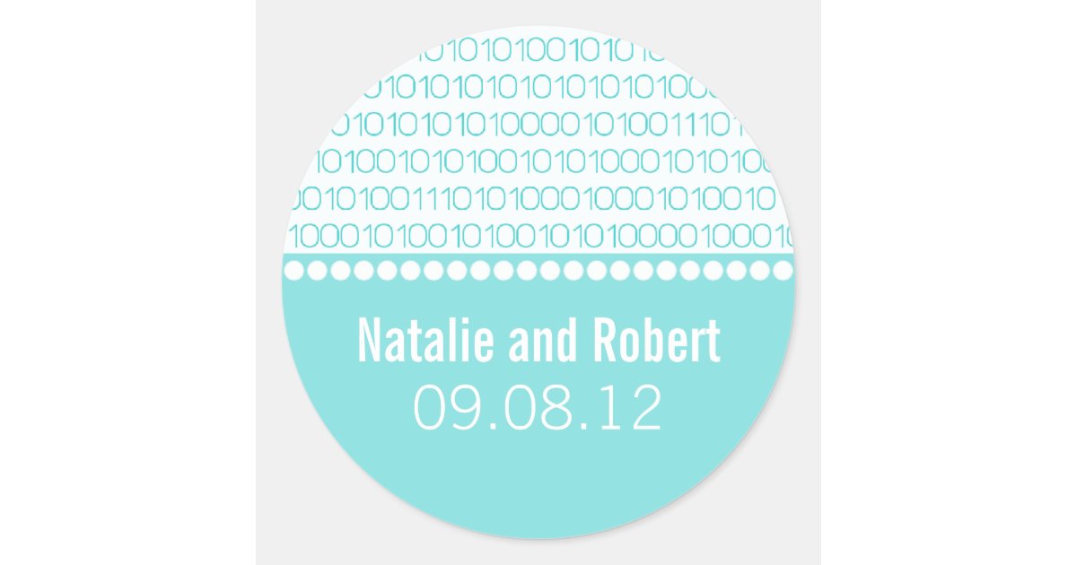 Geek Chic Binary Code Wedding Stickers, Aqua Classic Round Sticker | Zazzle