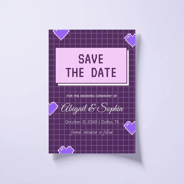 Geeky Gamer Adorable Nerdy Pixelated Purple Nerdy Save The Date | Zazzle