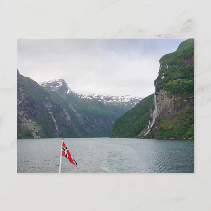 Geiranger fjord with Norwegian flag postcard | Zazzle