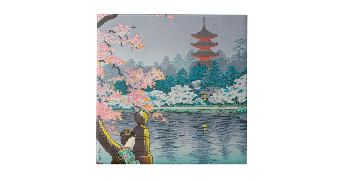 Geisha and Cherry Tree, Ueno Park japanese scenery Ceramic Tile | Zazzle