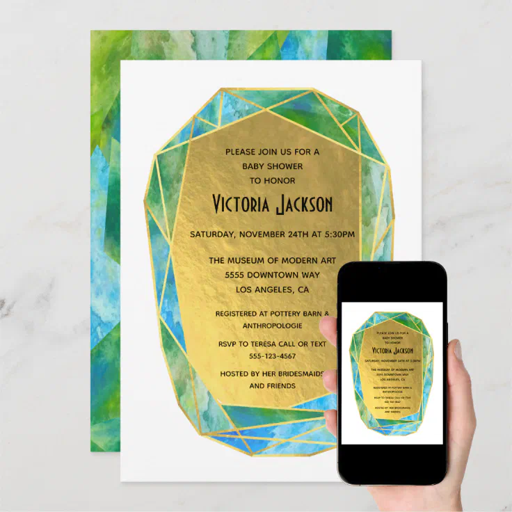 Gem Stone Gold Geometric Crystal Baby Shower Invitation | Zazzle