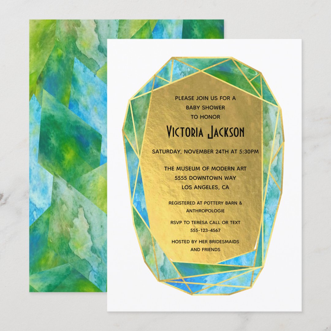 Gem Stone Gold Geometric Crystal Baby Shower Invitation | Zazzle