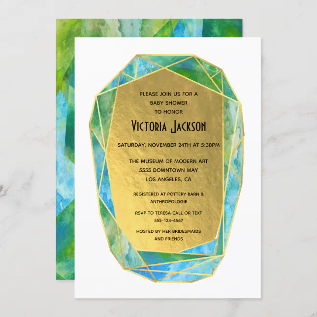 Gem Stone Gold Geometric Crystal Baby Shower Invitation | Zazzle