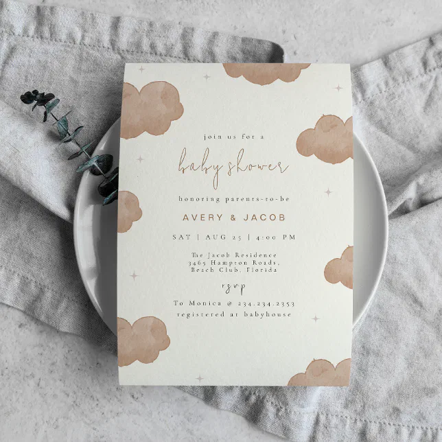 Gender Neutral Boho Clouds Stars Baby Shower Invitation | Zazzle